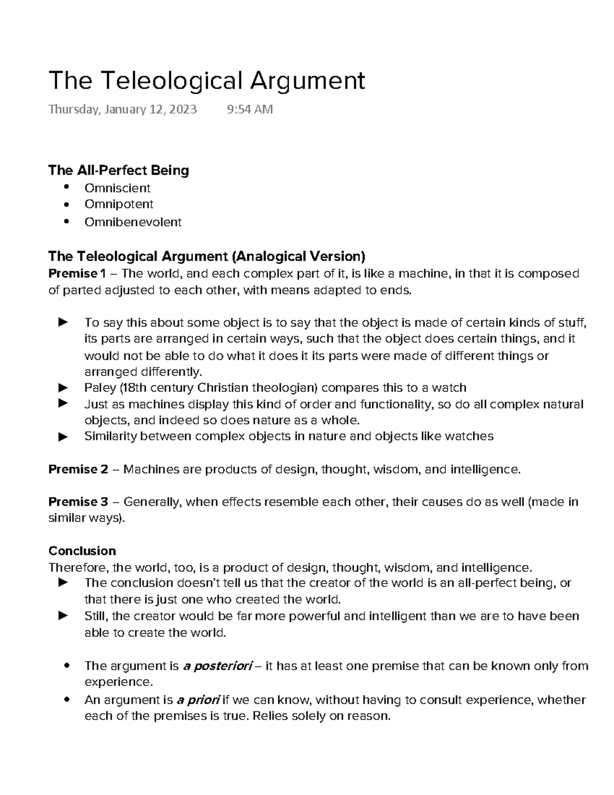 The Teleological Argument - The All-Perfect Being Omniscient Omnipotent ...