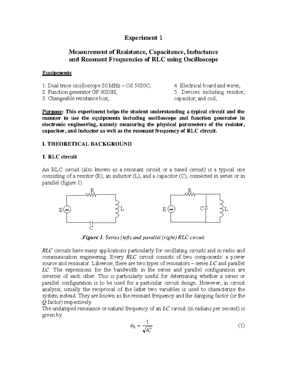 Ex 1 - Description - Experiment 1 Measurement of Resistance, Capacitance, Inductance and ...