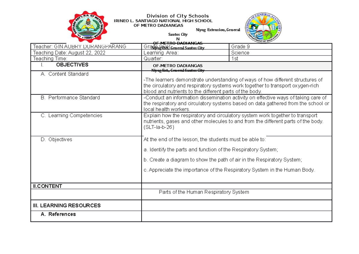 Lesson plan day 1 2022 23 - Teacher: GIN AUBRY DURANGPARANG Grade level ...