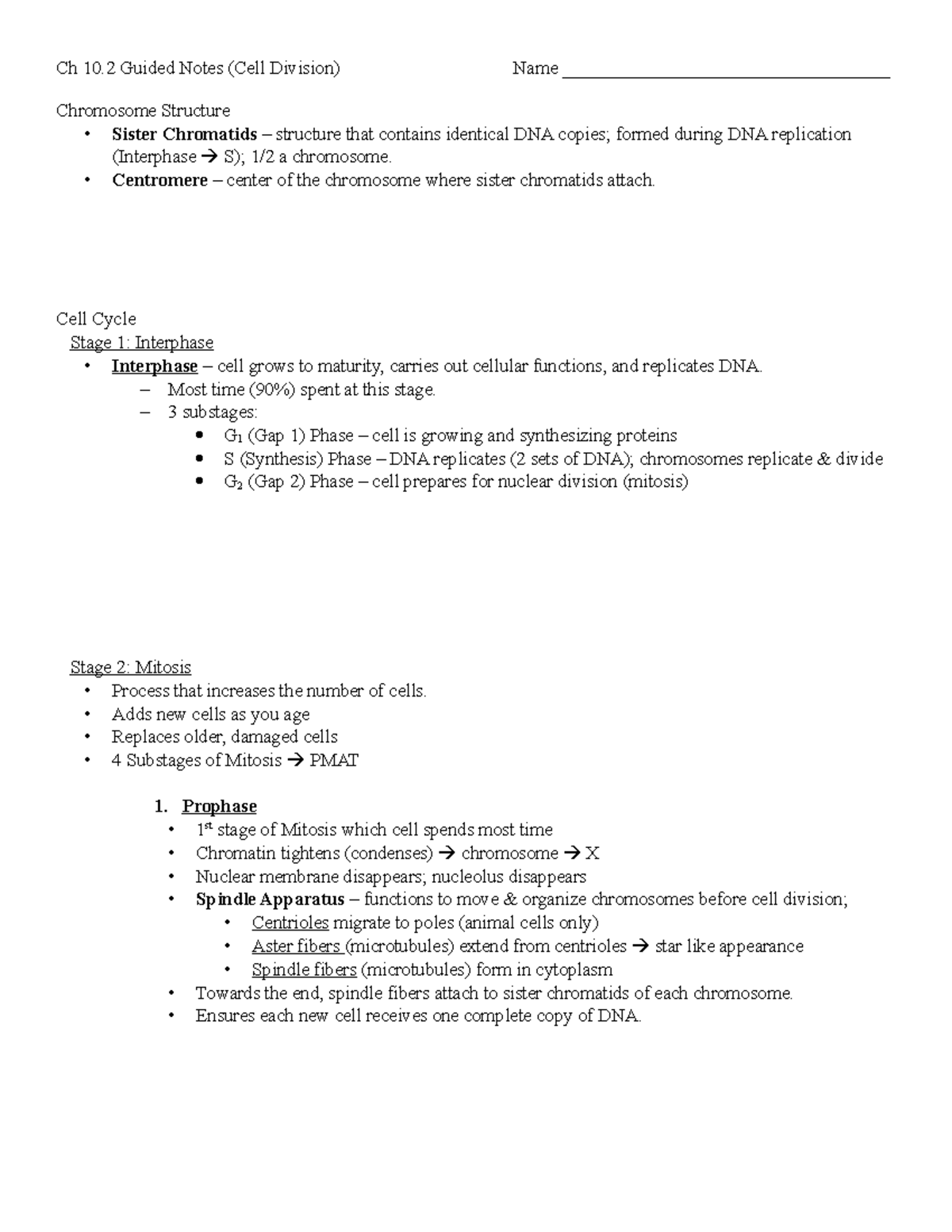 10.2 guided notes cell cycle for class - Ch 10 Guided Notes (Cell ...