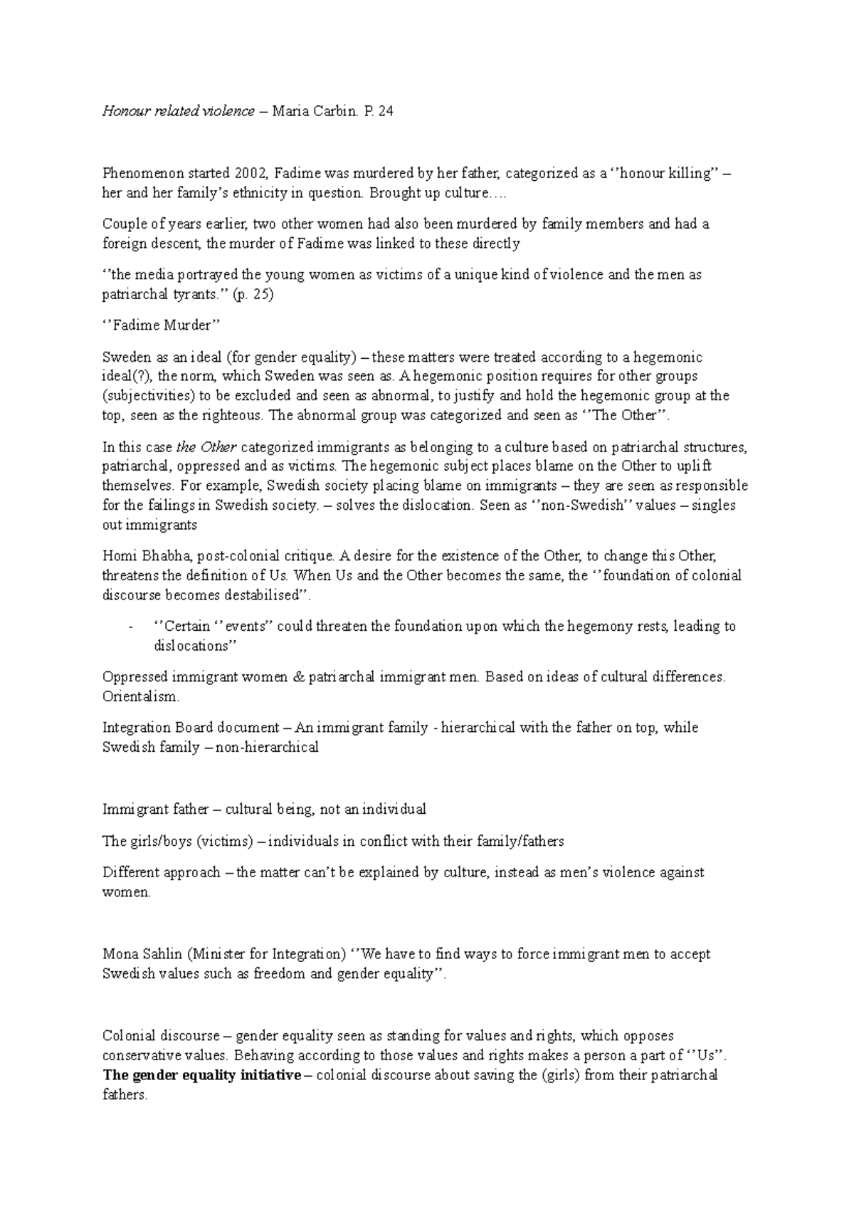 Honour related violence - Seminarium anteckningar - Honour related ...