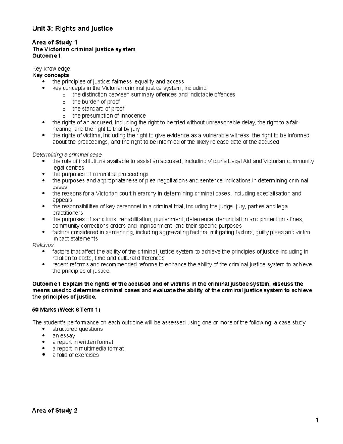 2022 Unit 3 & 4 - notes for aos 1 - Unit 3: Rights and justice Area of ...