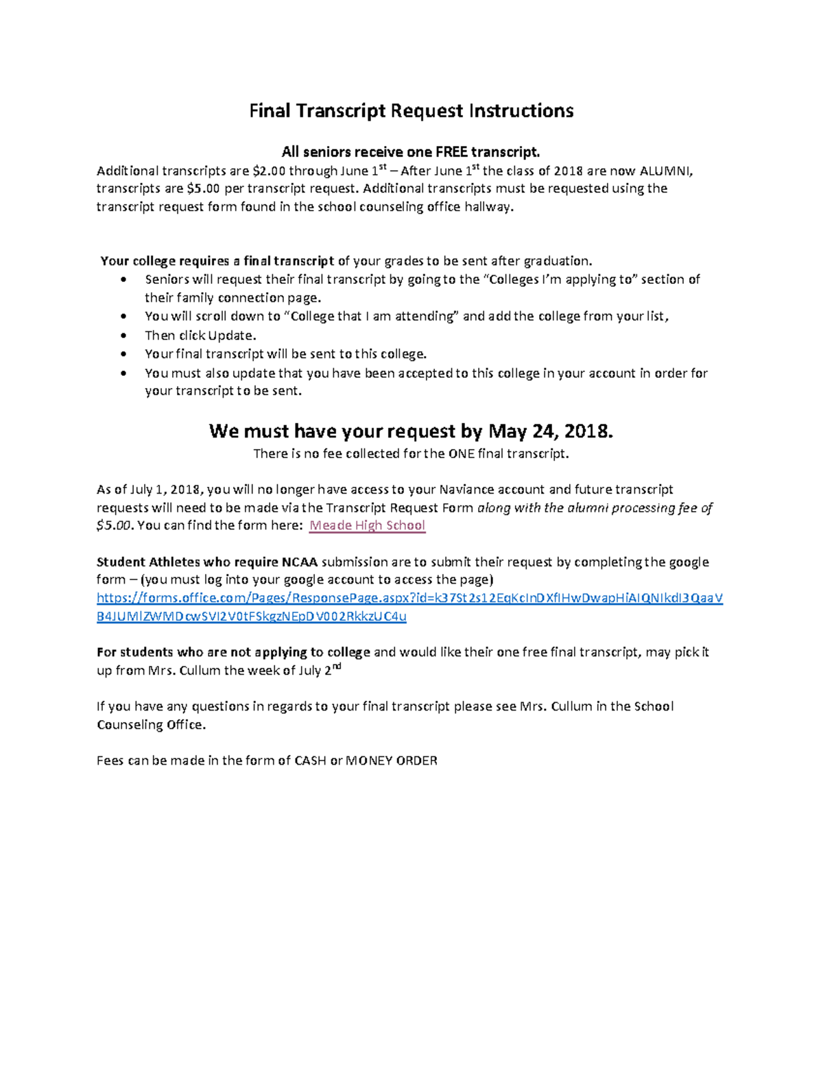 2018 Final Transcript Request Instructions - Final Transcript Request ...