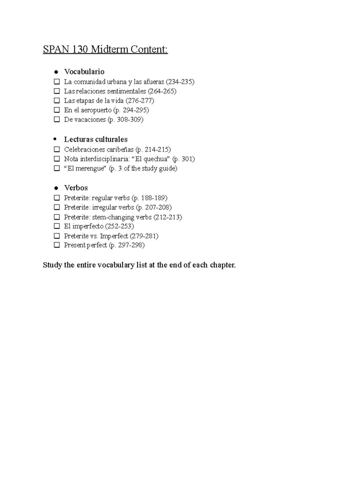 130 Midterm Study Guide (1)(1) - SPAN 130 Midterm Content: Vocabulario ...