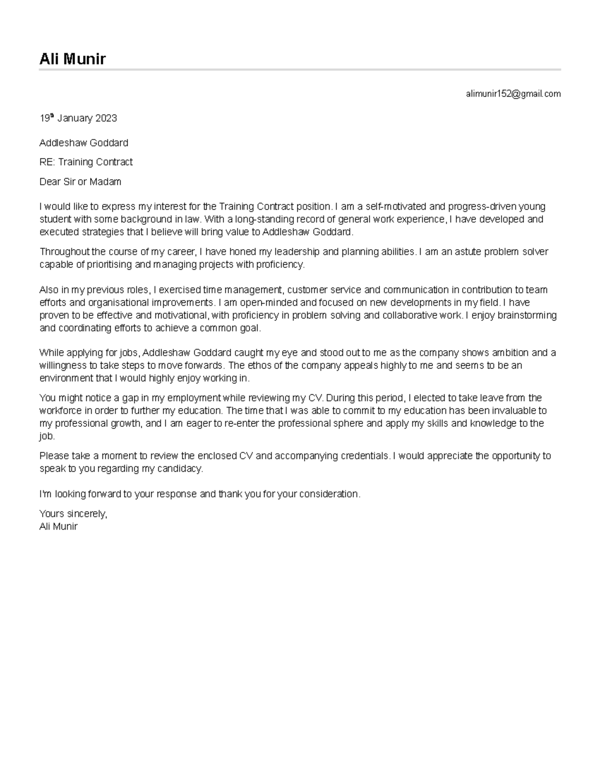 Cover Letter - aaaaaaaaa - Ali Munir alimunir152@gmail 19 th January ...