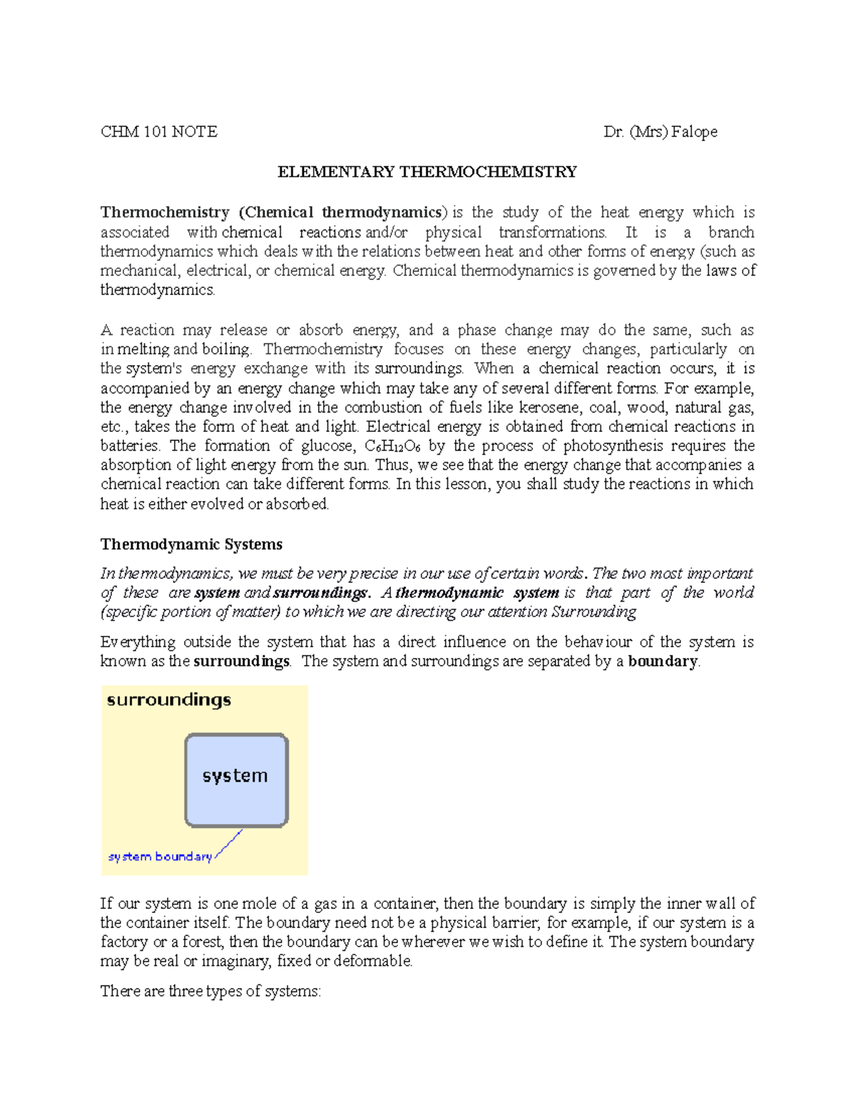 Chm 101 thermochemistry-1 - CHM 101 NOTE Dr. (Mrs) Falope ELEMENTARY ...