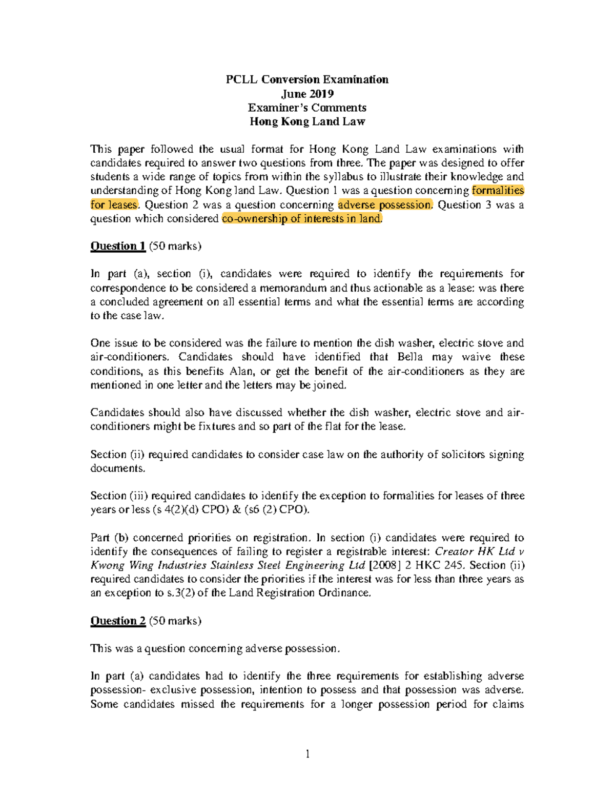 pcll conversion exam - 1 PCLL Conversion Examination June 2019 Examiner ...