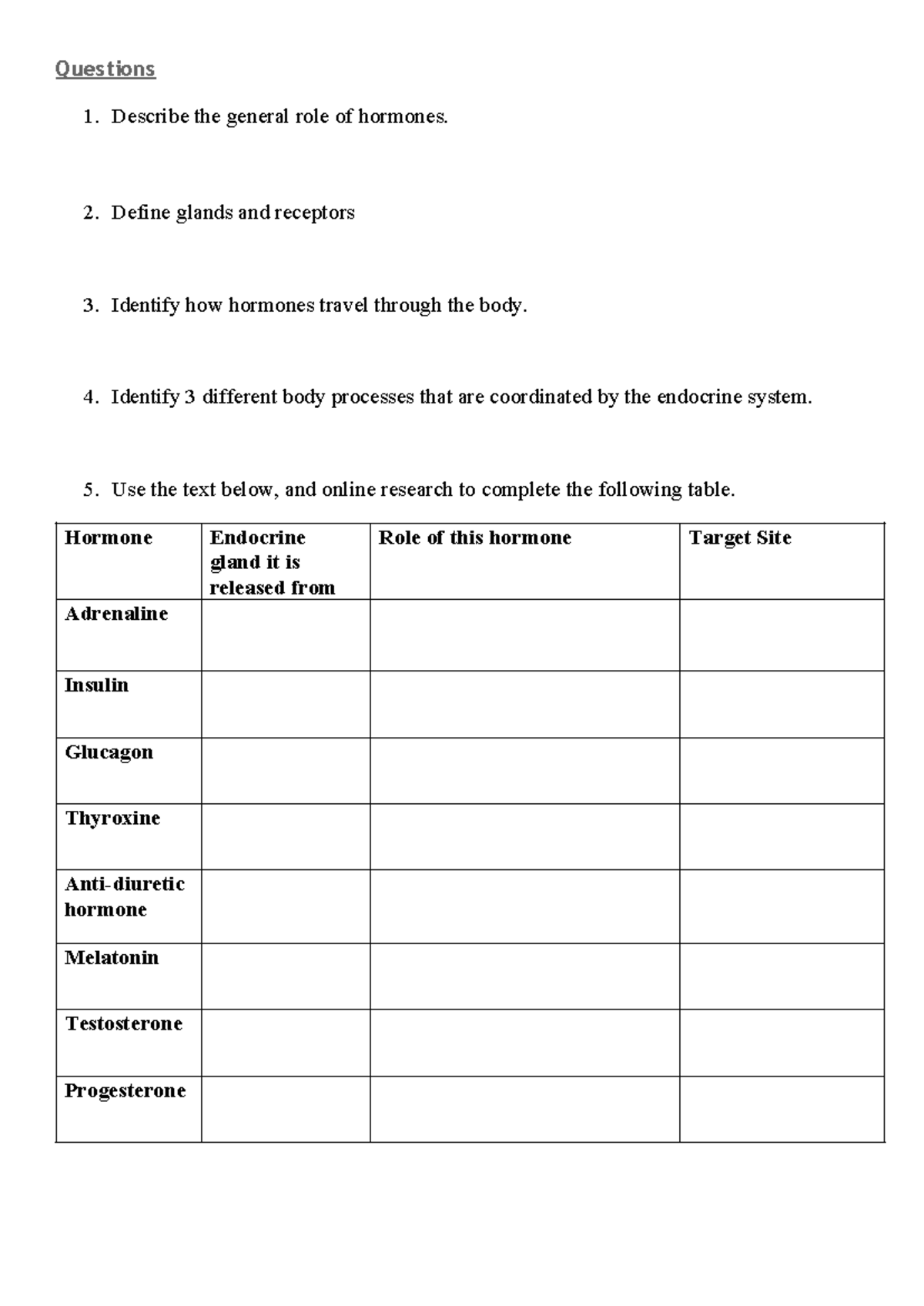 25. Hormones of the endocrine system - Questions 1. Describe the ...