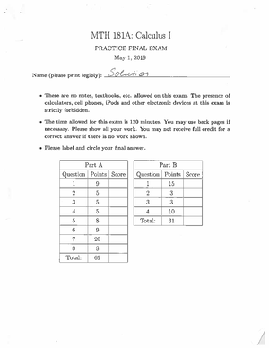 Practice Exam1 Solution - MATH 181A - Studocu