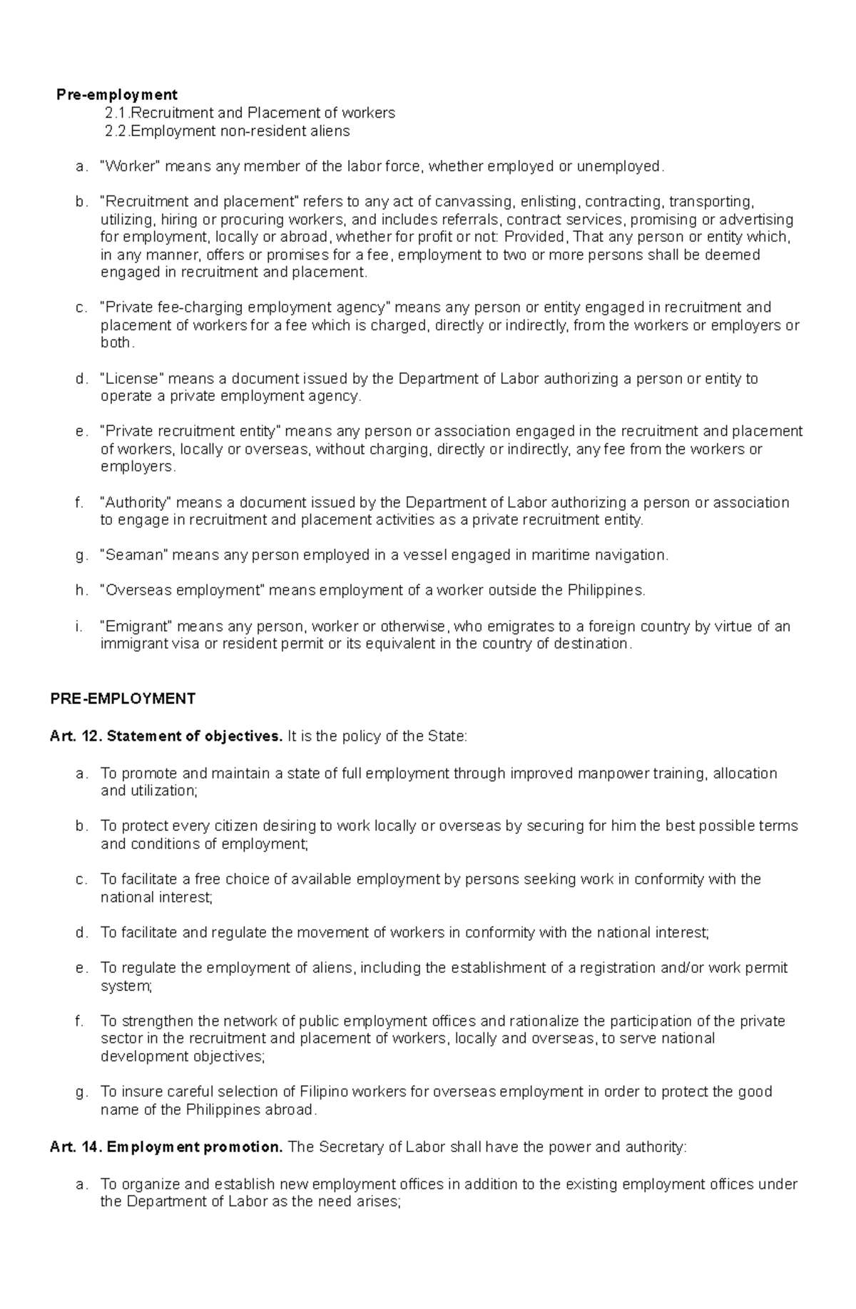 Legal Code of the Philippines - Pre-employment 2.1 and Placement of ...
