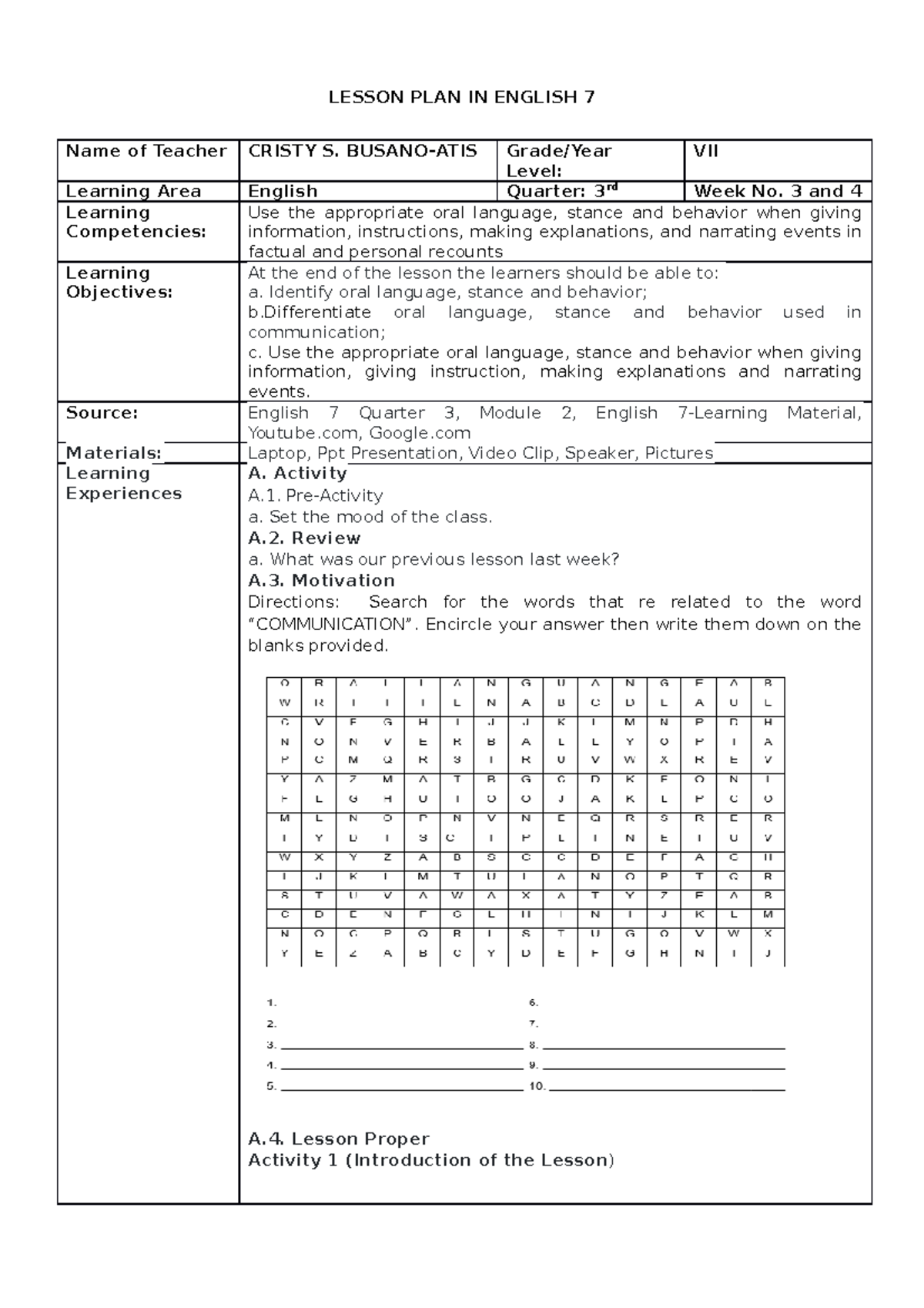 Lesson PLAN IN English 7-Oral Language - LESSON PLAN IN ENGLISH 7 Name ...