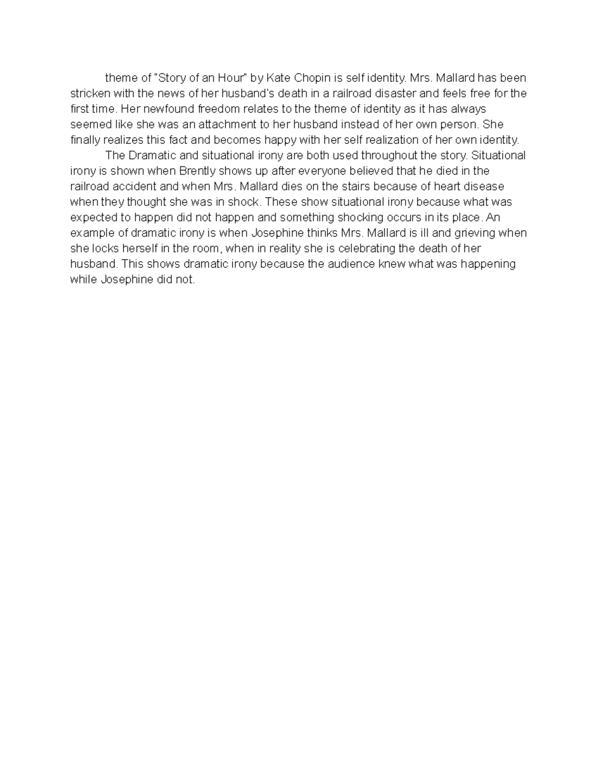 English story of an hour - theme of