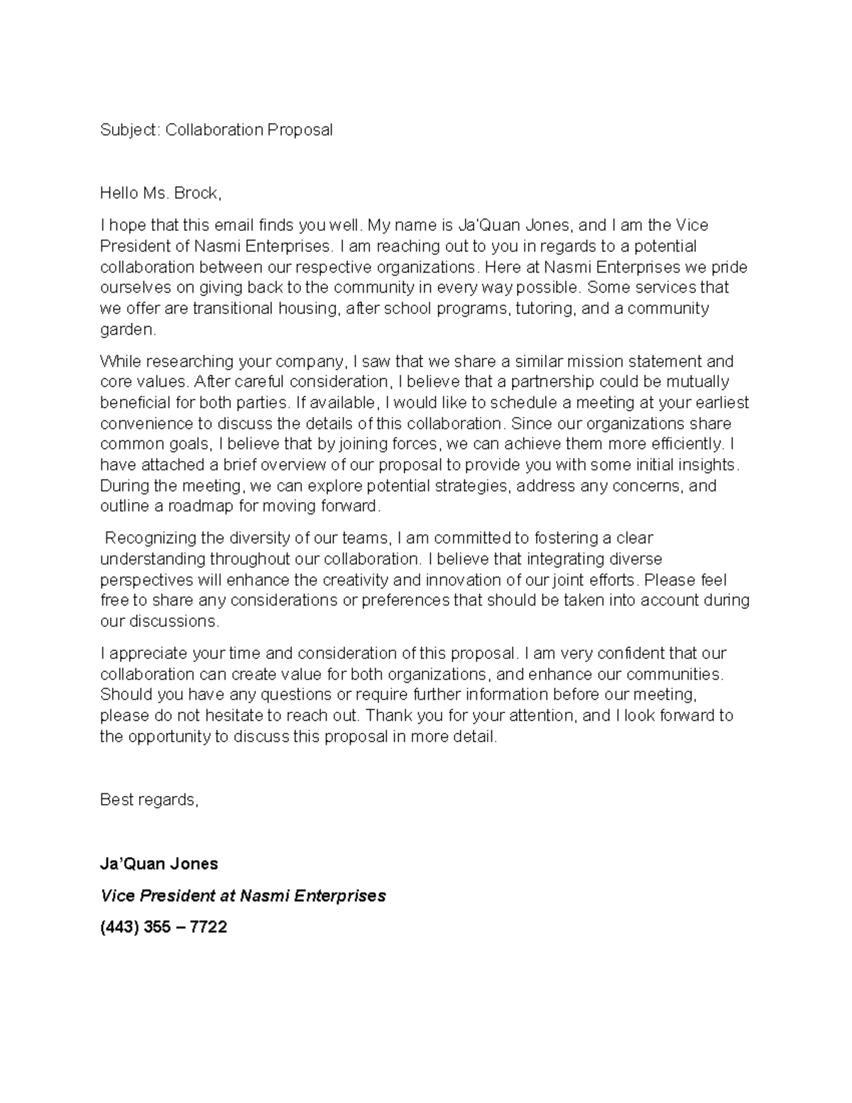 D270 TASK 1 PASSED - Subject: Collaboration Proposal Hello Ms. Brock, I ...