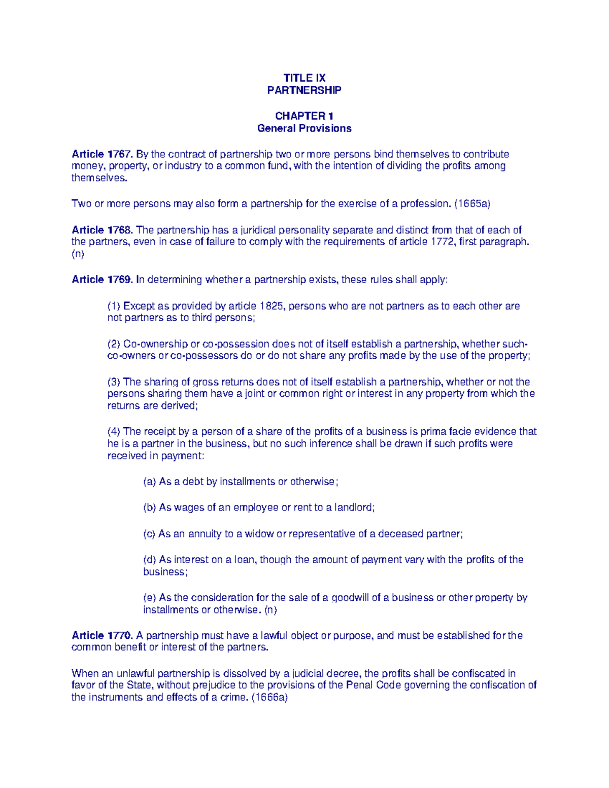Law on Partnership Codal Provision - TITLE IX PARTNERSHIP CHAPTER 1 ...