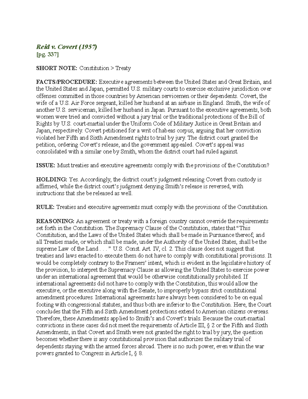 Constitutional Law Outline - 1 - Reid v. Covert (1957) [pg. 337] SHORT ...