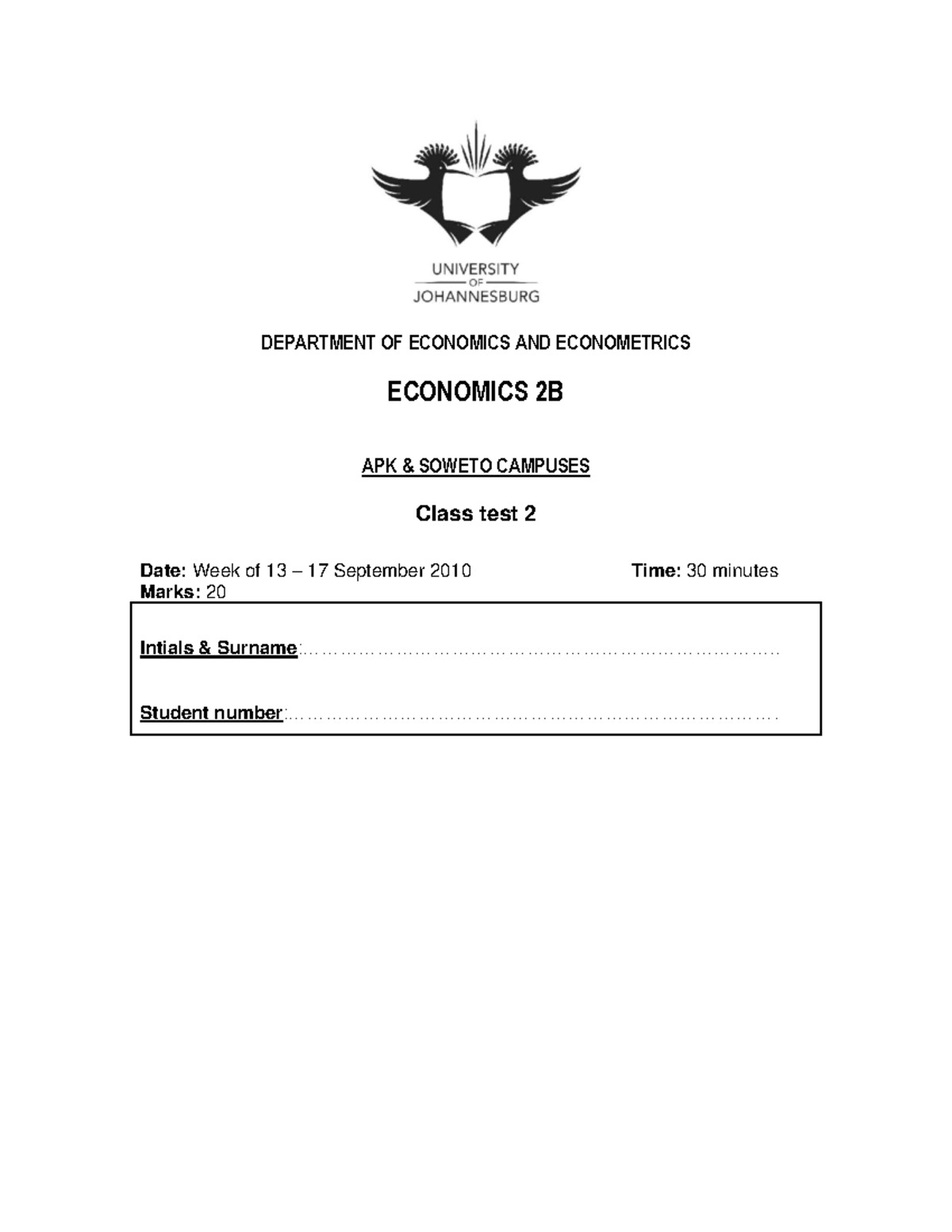 ECO2B Class Test 2 2010 - DEPARTMENT OF ECONOMICS AND ECONOMETRICS ...