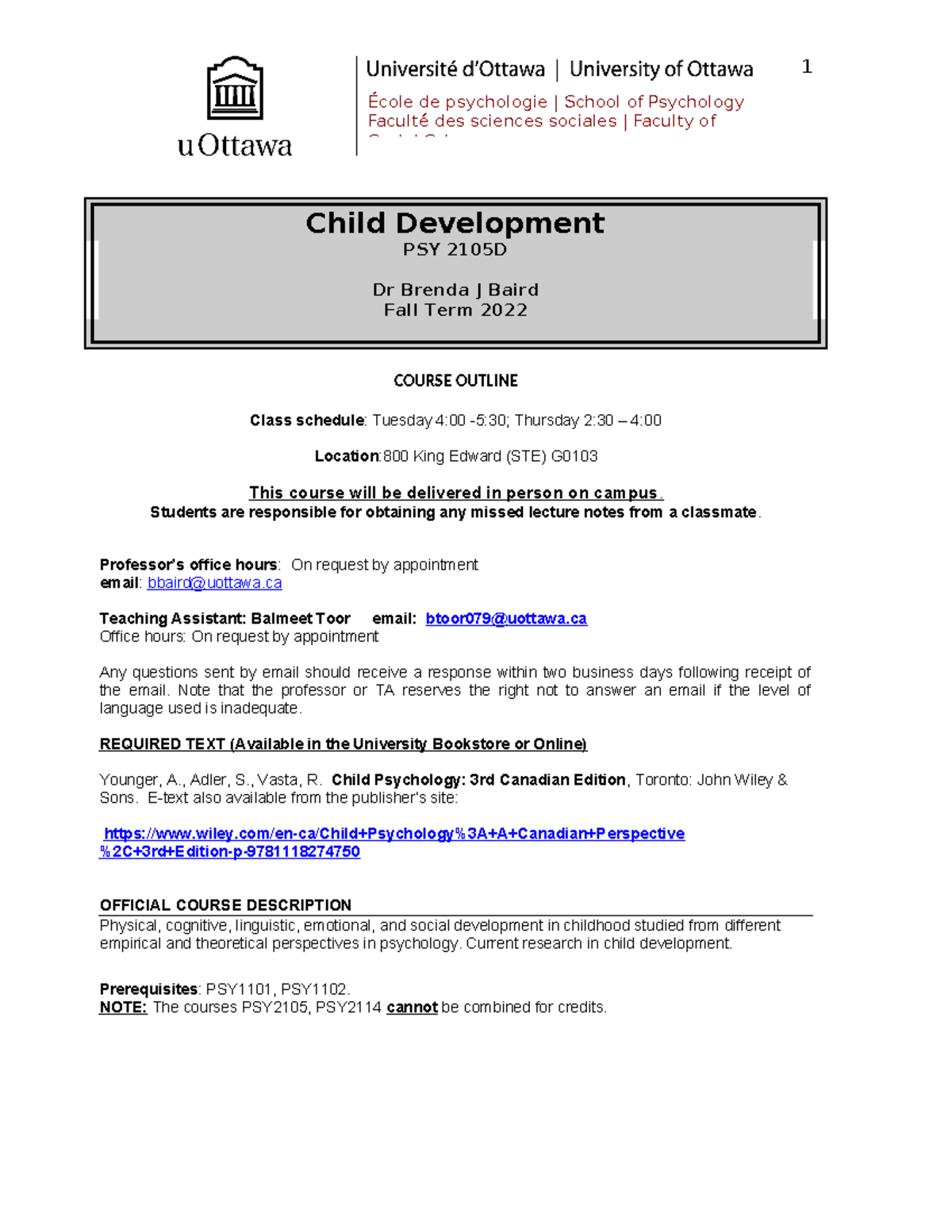Syllabus PSY2105D Fall 2022 - Child Development PSY 2105D Dr Brenda J ...