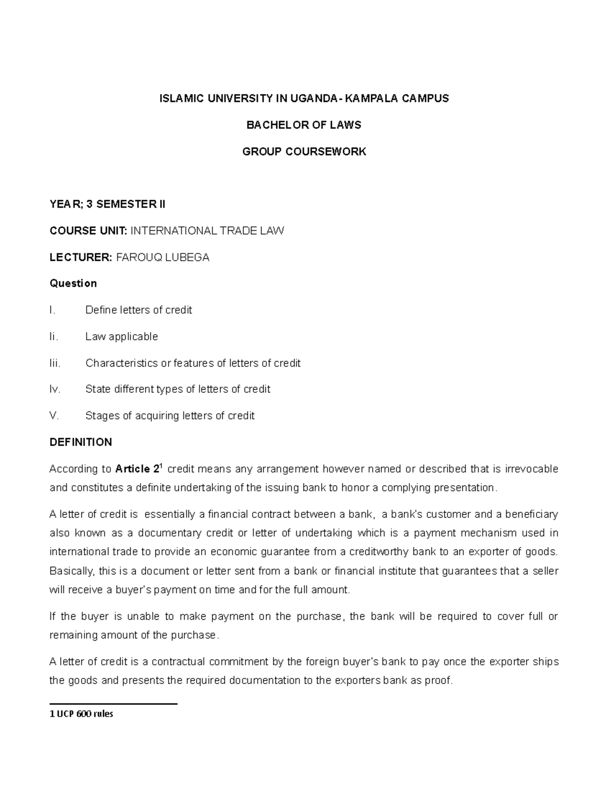 International trade. Letters of credit - ISLAMIC UNIVERSITY IN UGANDA ...