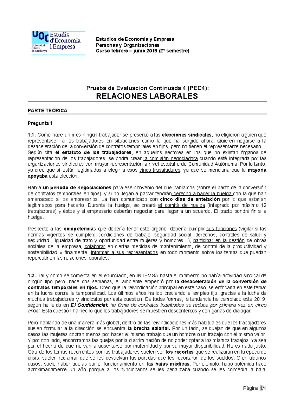 PEC4-Pers&Org - Cuarta pec - Prueba de Evaluación Continuada 4 (PEC4): RELACIONES LABORALES ...