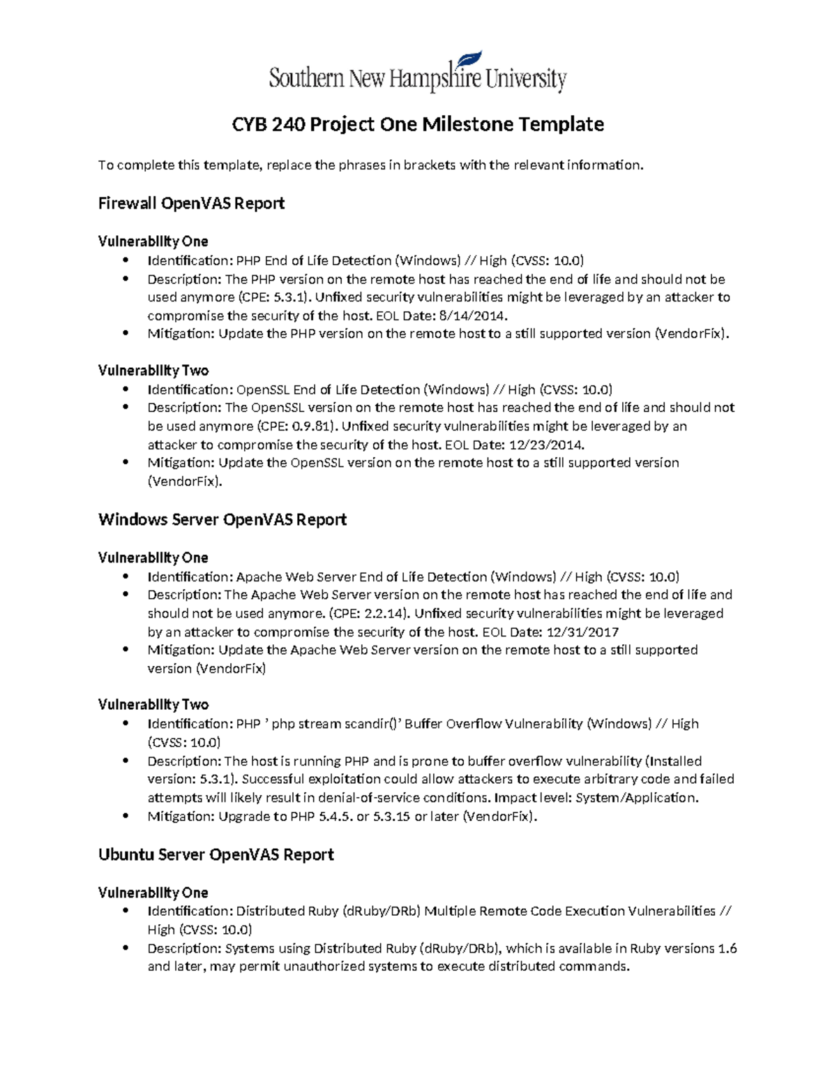 CYB 240 Project One Milestone Template - Firewall OpenVAS Report Vulnerability One ...