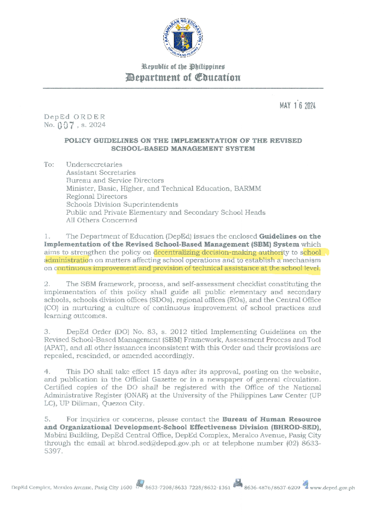 DO s2024 007-Policy-Guidelines-Revised-School-Based-Management-System ...