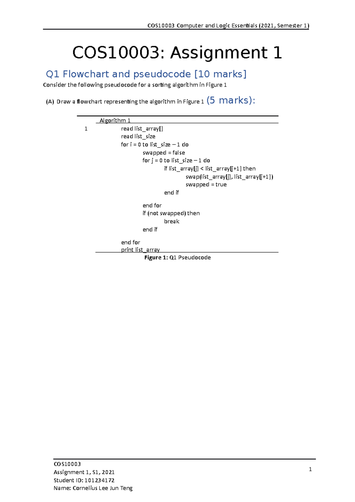 101234172 A1 COS10003 - assignment - COS10003: Assignment 1 Q1 Flowchart and pseudocode [10 ...