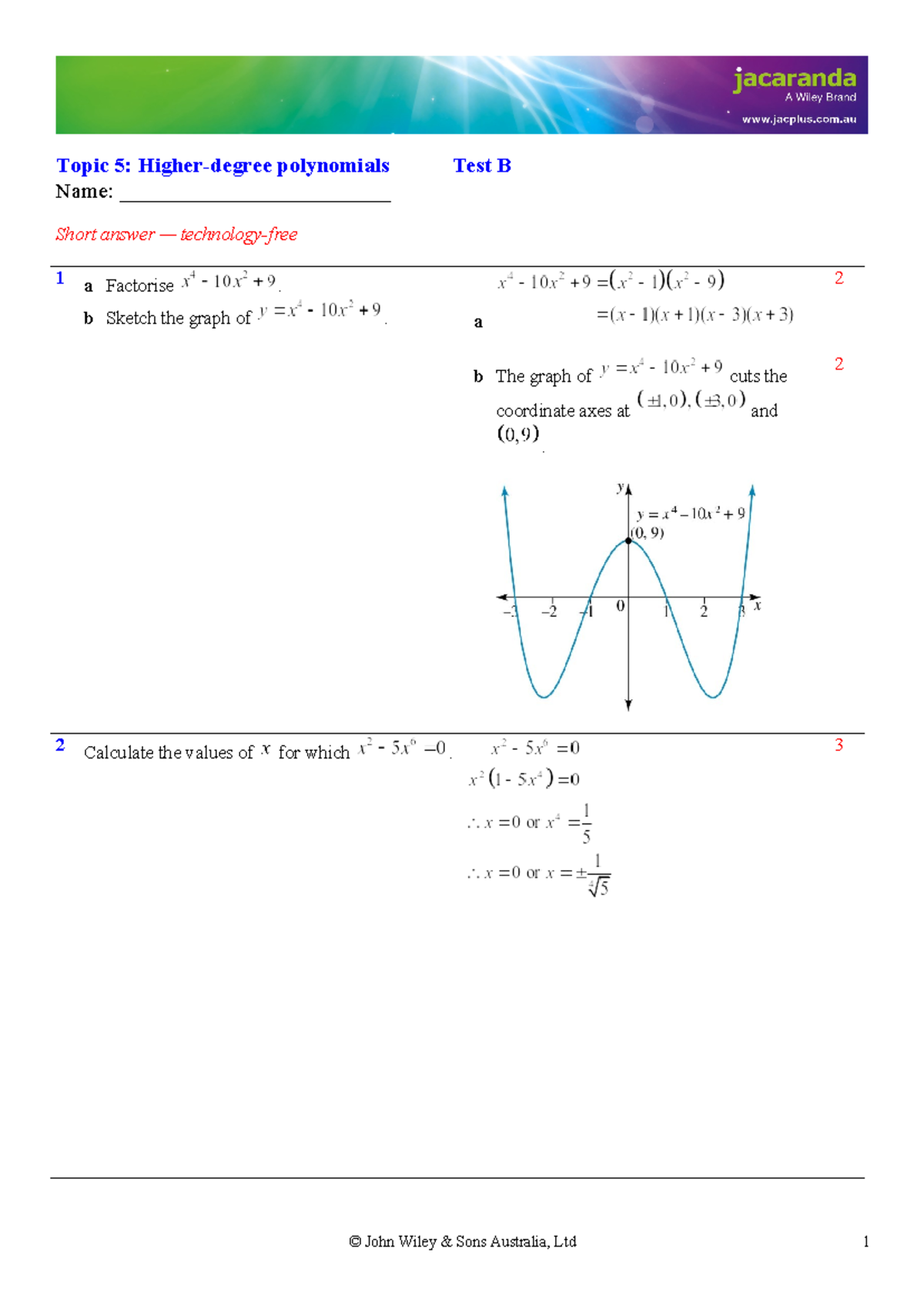 Maths Quest Ch 5 Topic Test B - Topic 5: Higher-degree polynomials Test ...