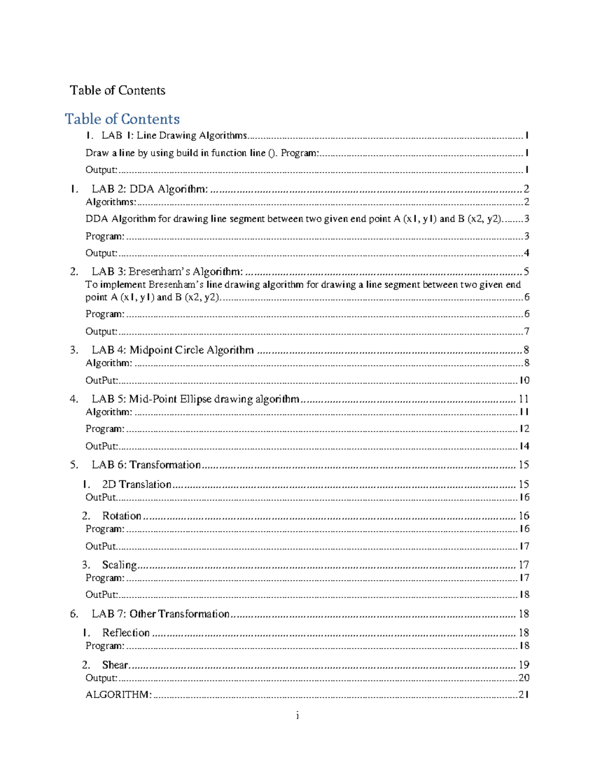 Final graphics - i Table of Contents - 1. LAB 1: Line Drawing - Studocu