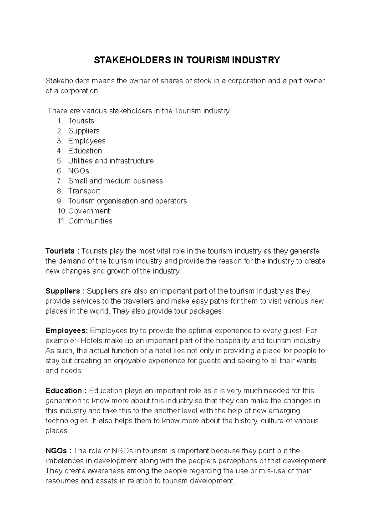 Stake holders in tourism industry - STAKEHOLDERS IN TOURISM INDUSTRY ...