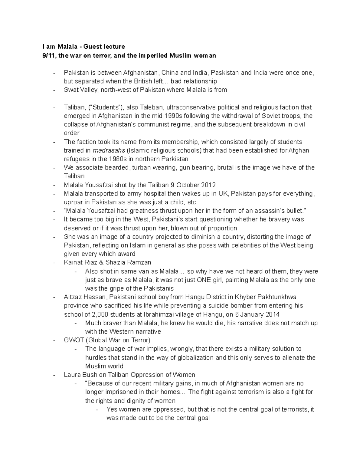 Week 5 - I am Malala - Lecture notes for Week 5 of 1022G - I am Malala ...