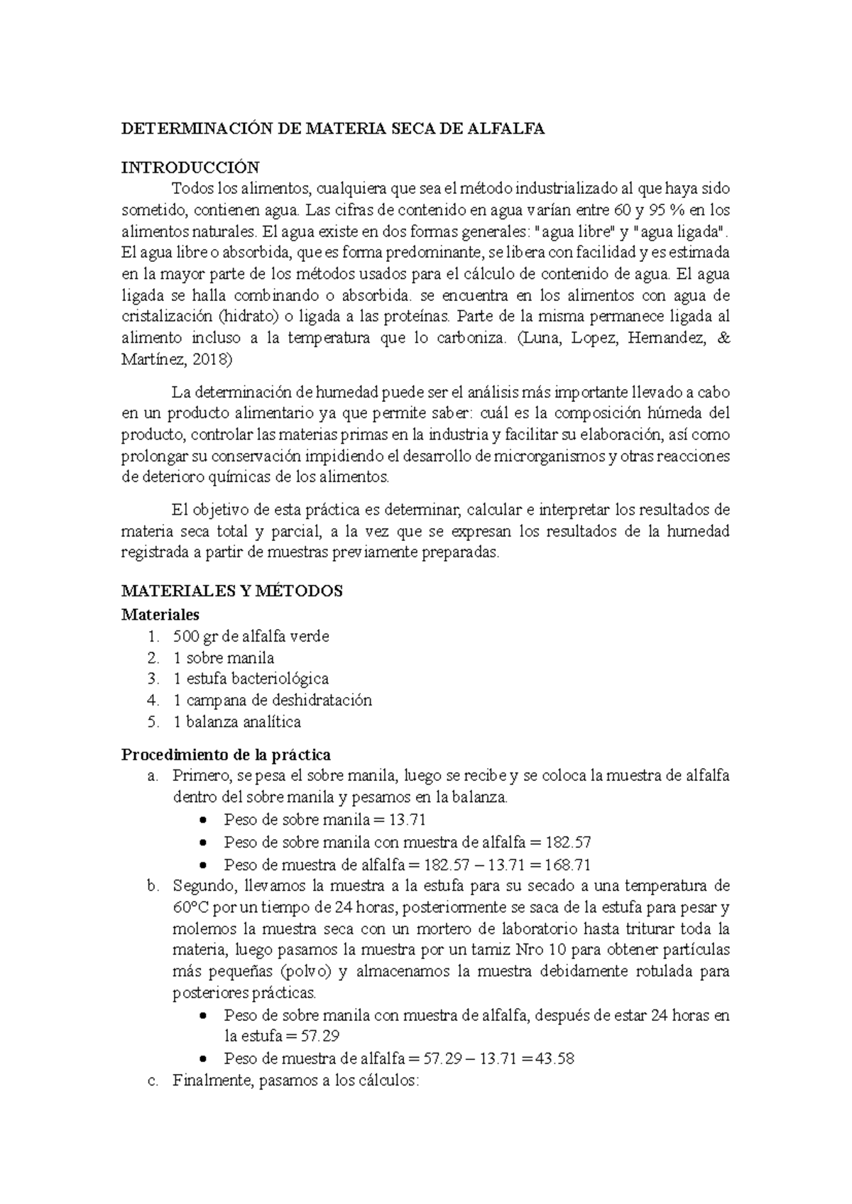Determinación DE LA Materia SECA 2024 - DETERMINACIÓN DE MATERIA SECA ...