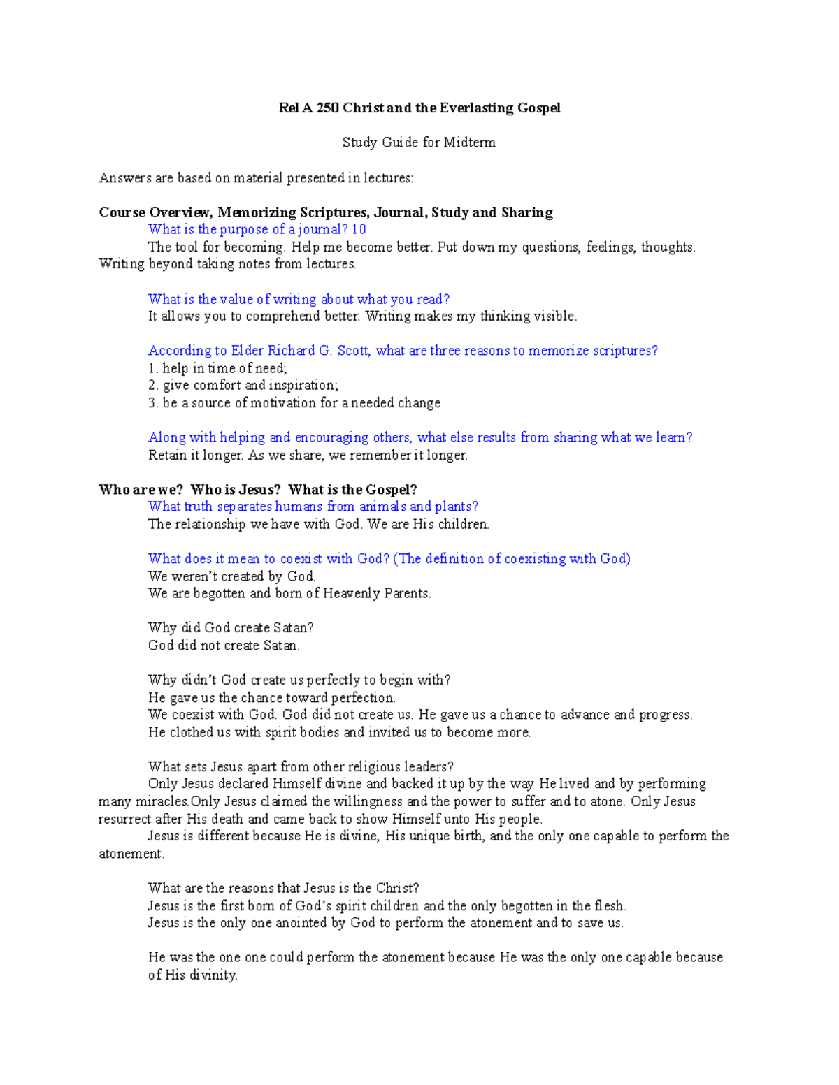 Study Guide for Midterm 250 - Rel A 250 Christ and the Everlasting ...