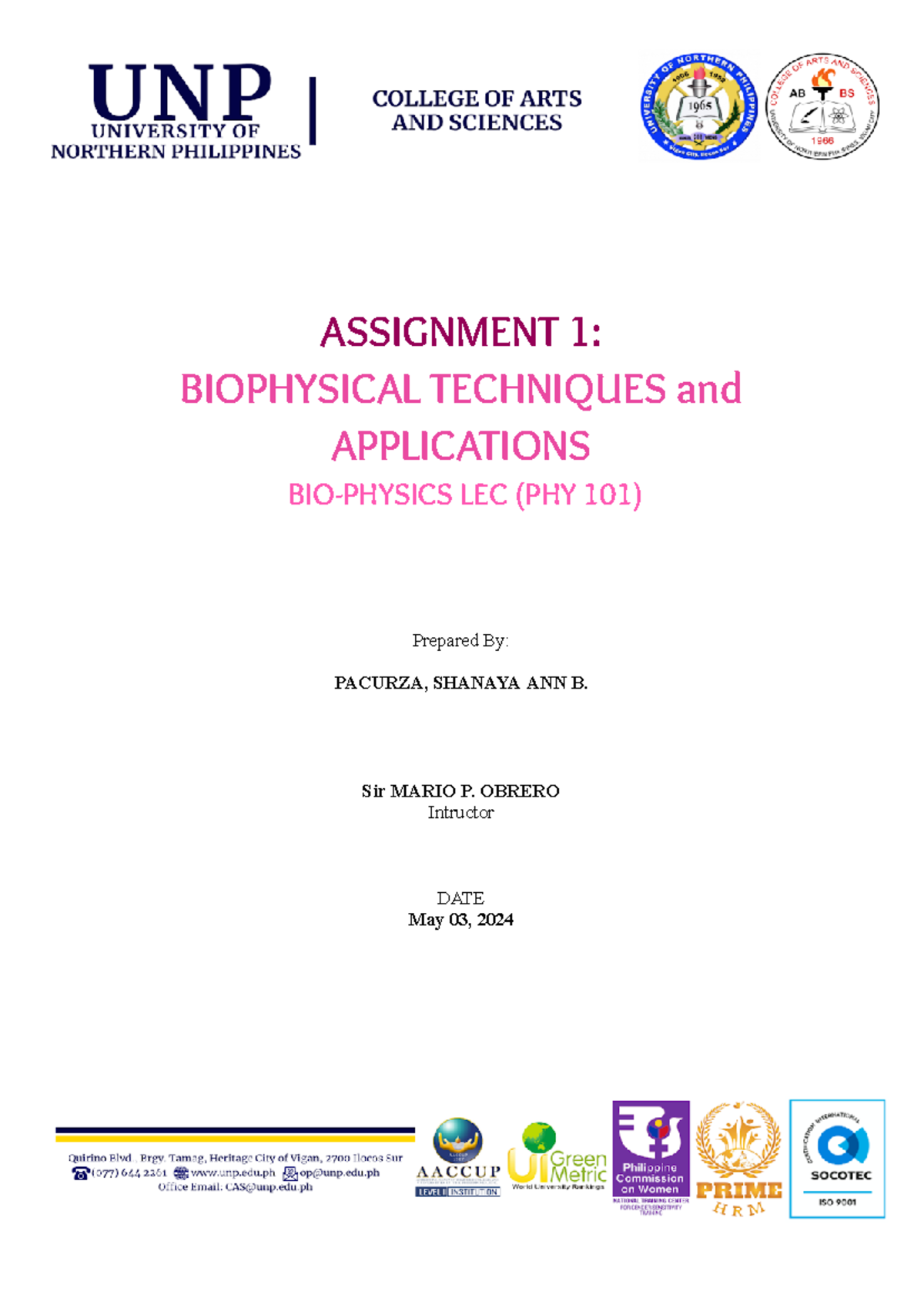 P6 Assignment, In Physica subject - ASSIGNMENT 1: BIOPHYSICAL ...