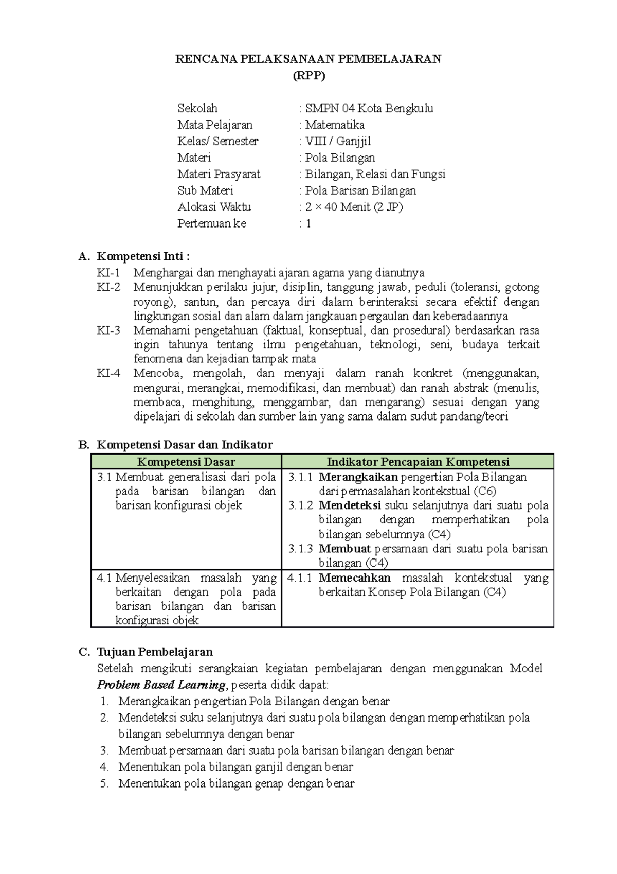 Contoh RPP Muh. Fahmi Latif PPG Pola Bilangan - RENCANA PELAKSANAAN ...