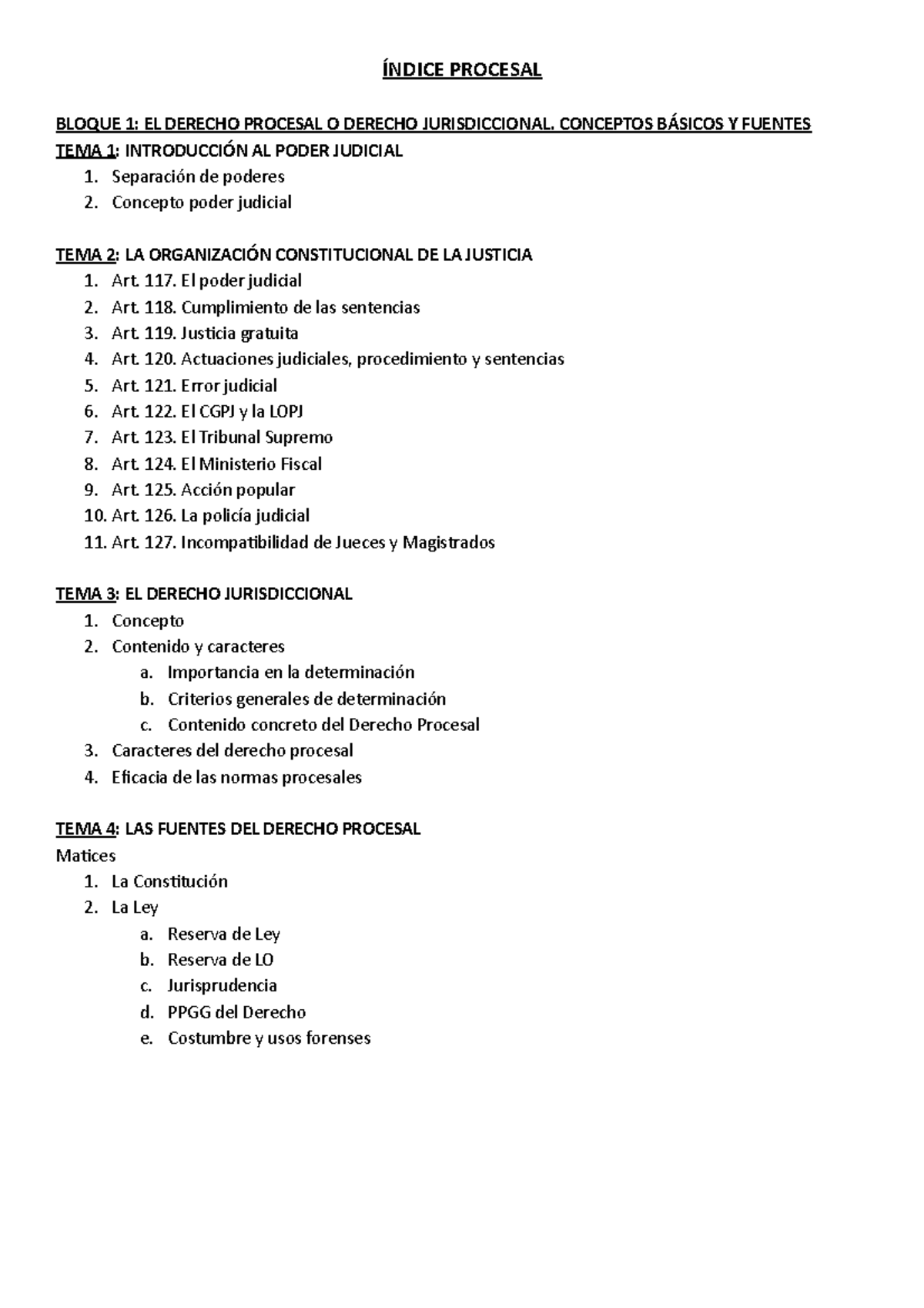 Índice Procesal - kjnkj - ÍNDICE PROCESAL BLOQUE 1: EL DERECHO PROCESAL ...