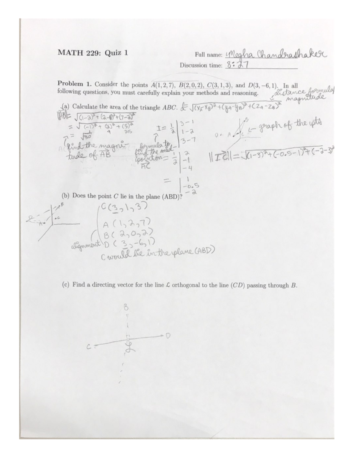 Scanned Documents - Math - MATH 229: Quiz 1 Full name: Megha Chandrashaker Discussion time: 8:27 ...