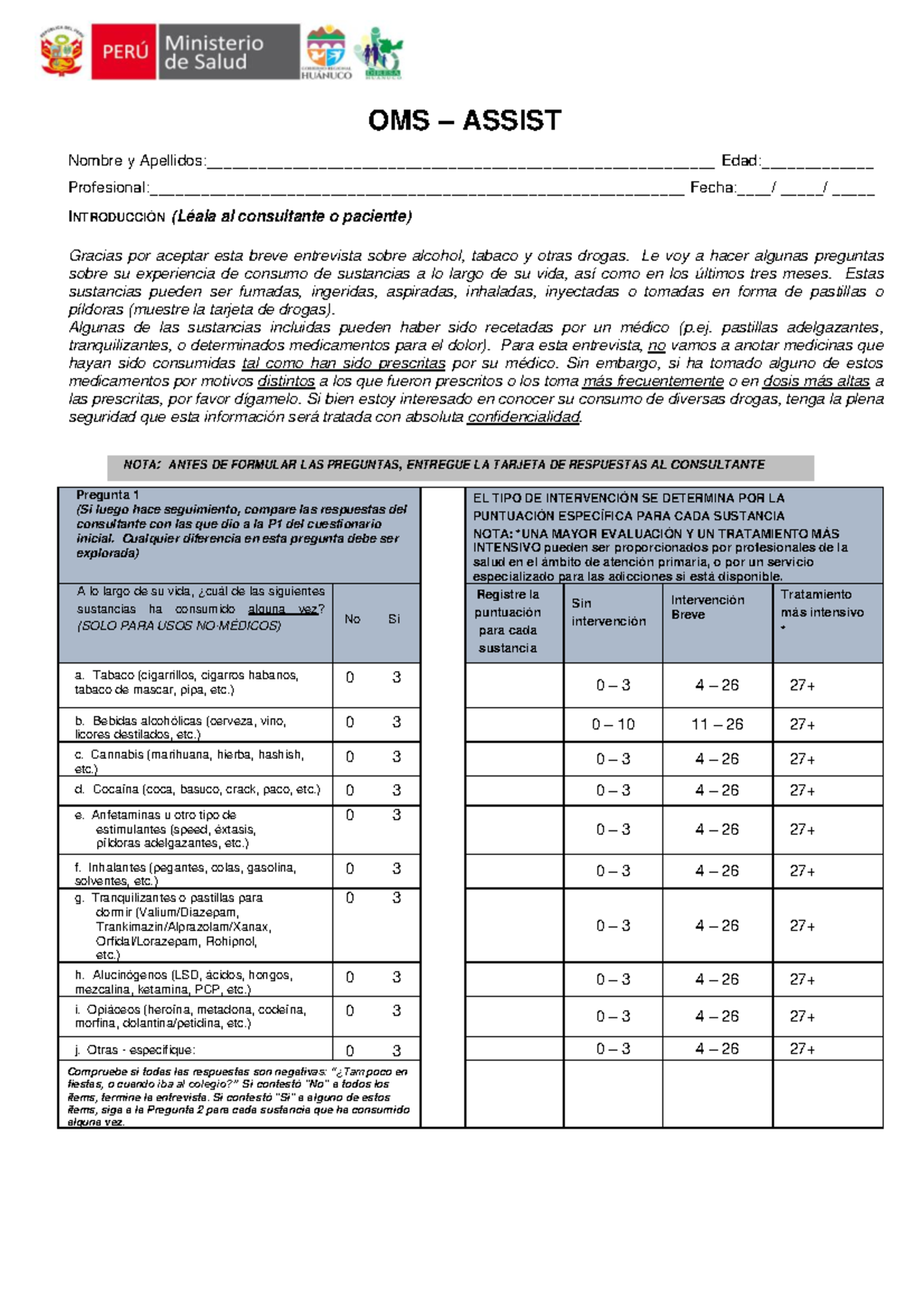 Assist prueba-1 - Test - OMS – ASSIST Nombre y - Studocu