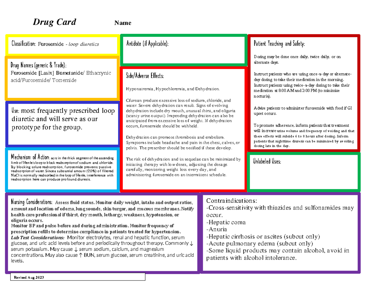Week 8 drug 4 cards - Drug Card Name Patient Teaching and Safety ...