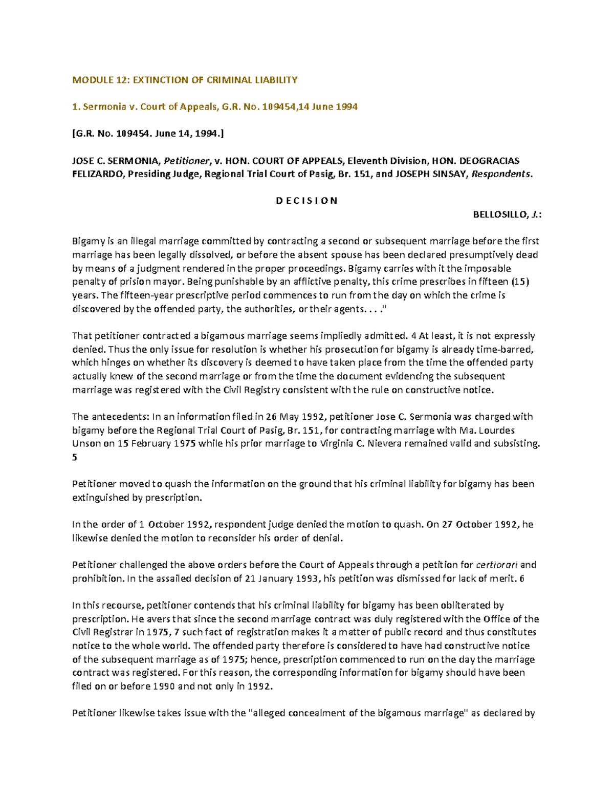 Crim Module 12 Cases - Lecture notes 1 - MODULE 12: EXTINCTION OF ...