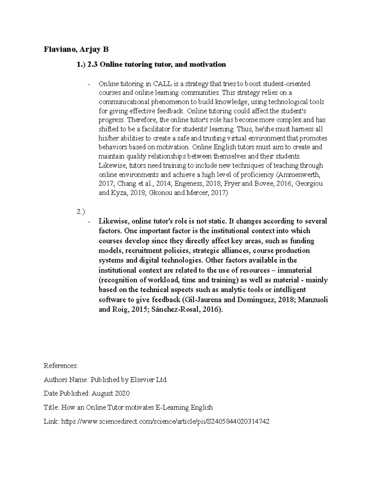 2 Foreign Literature - Flaviano, Arjay B 1.) 2 Online tutoring tutor ...