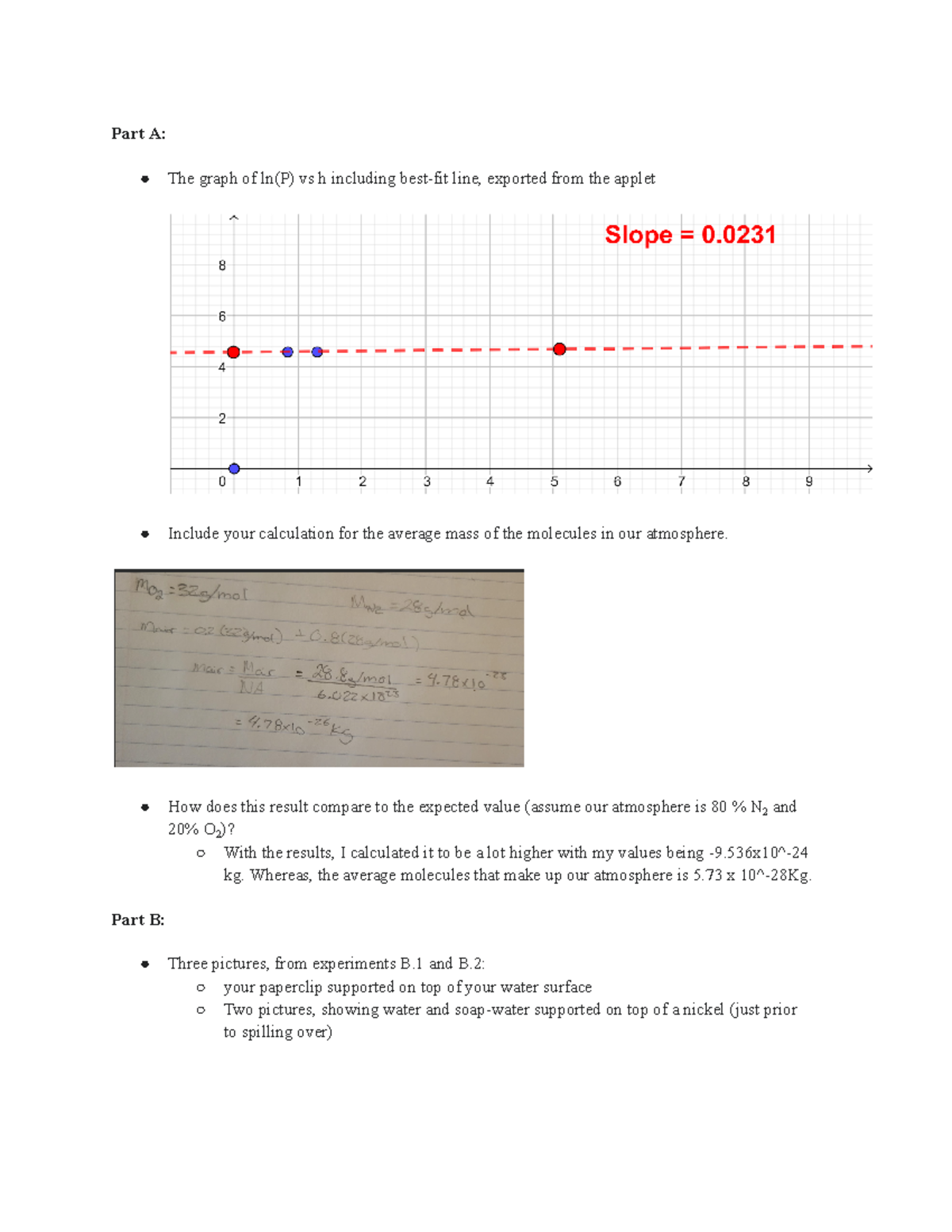 Lab 3 Barometric Pressure and Surface Tension - Part A: The graph of ln(P) vs h including best ...
