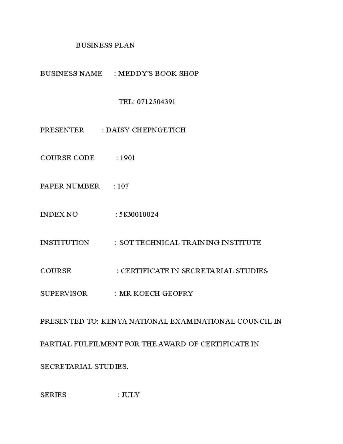 Meddy bookshop executive summary - BUSINESS PLAN BUSINESS NAME : MEDDY ...