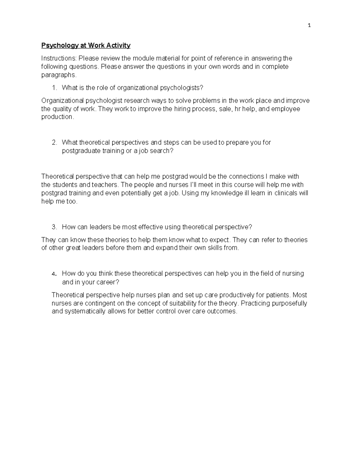 8. Psychology at Work Activity - 1 Psychology at Work Activity ...