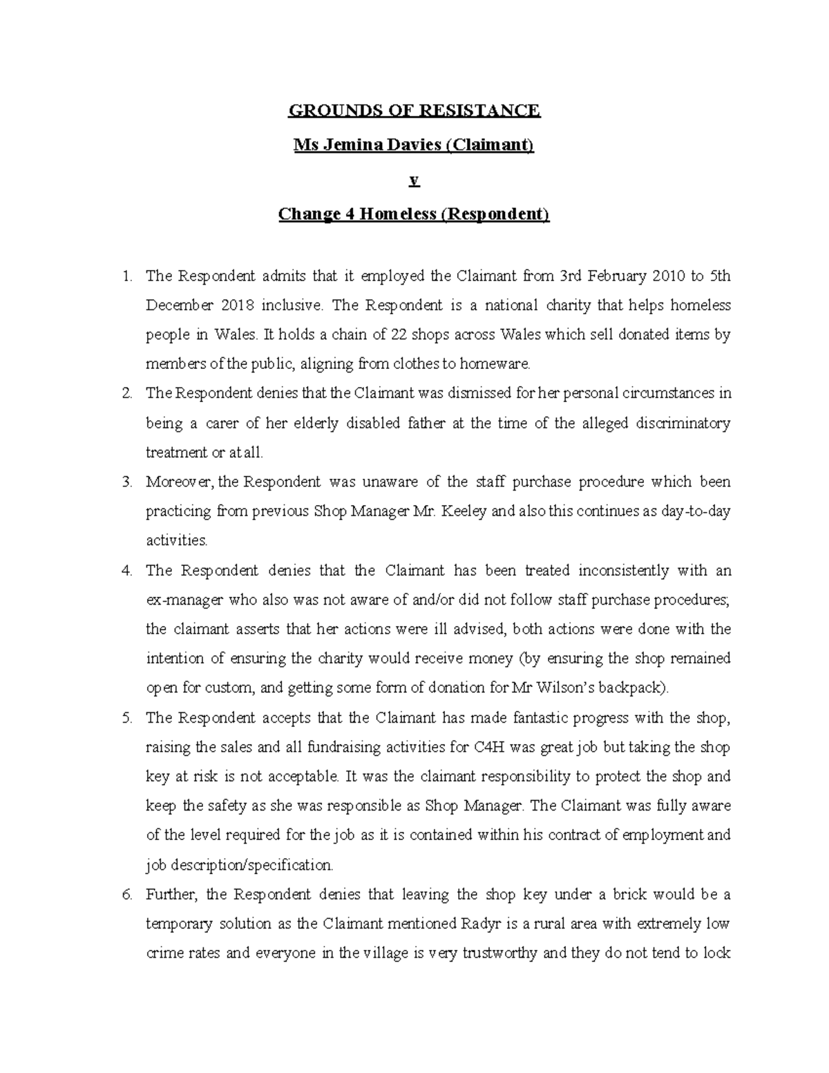 Grounds OF Resistance - GROUNDS OF RESISTANCE Ms Jemina Davies ...