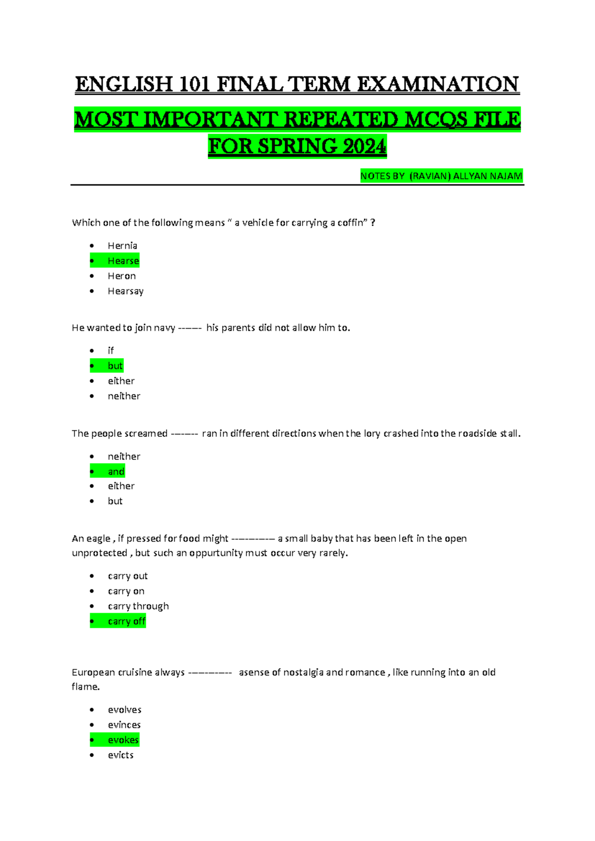 ENG 101 Final MCQS Grand FILE FOR Spring 2024 - ENGLISH 101 FINAL TERM ...