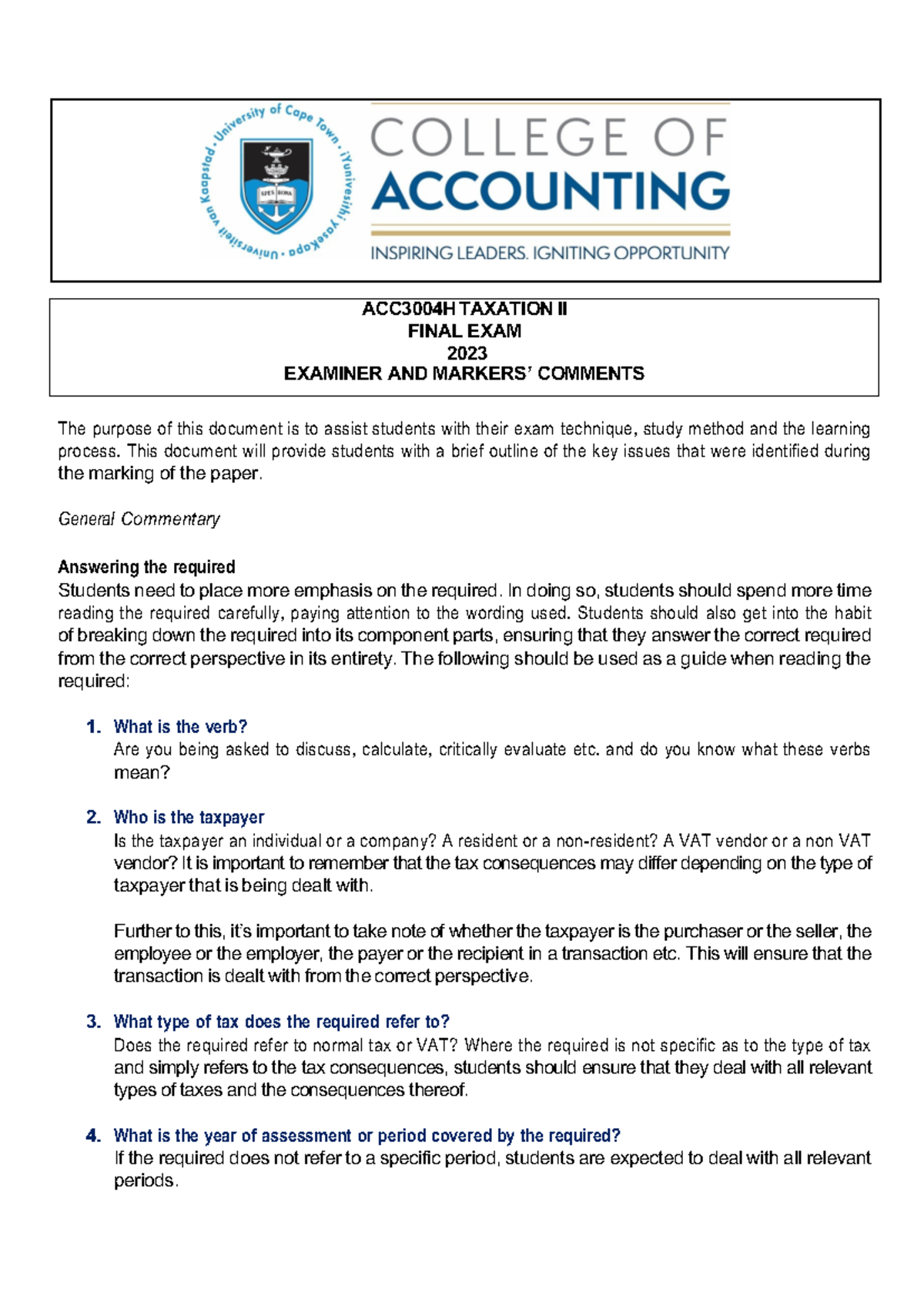 Tax II Markers Comments - Final Exam 2023 - ACC3004H TAXATION II FINAL ...