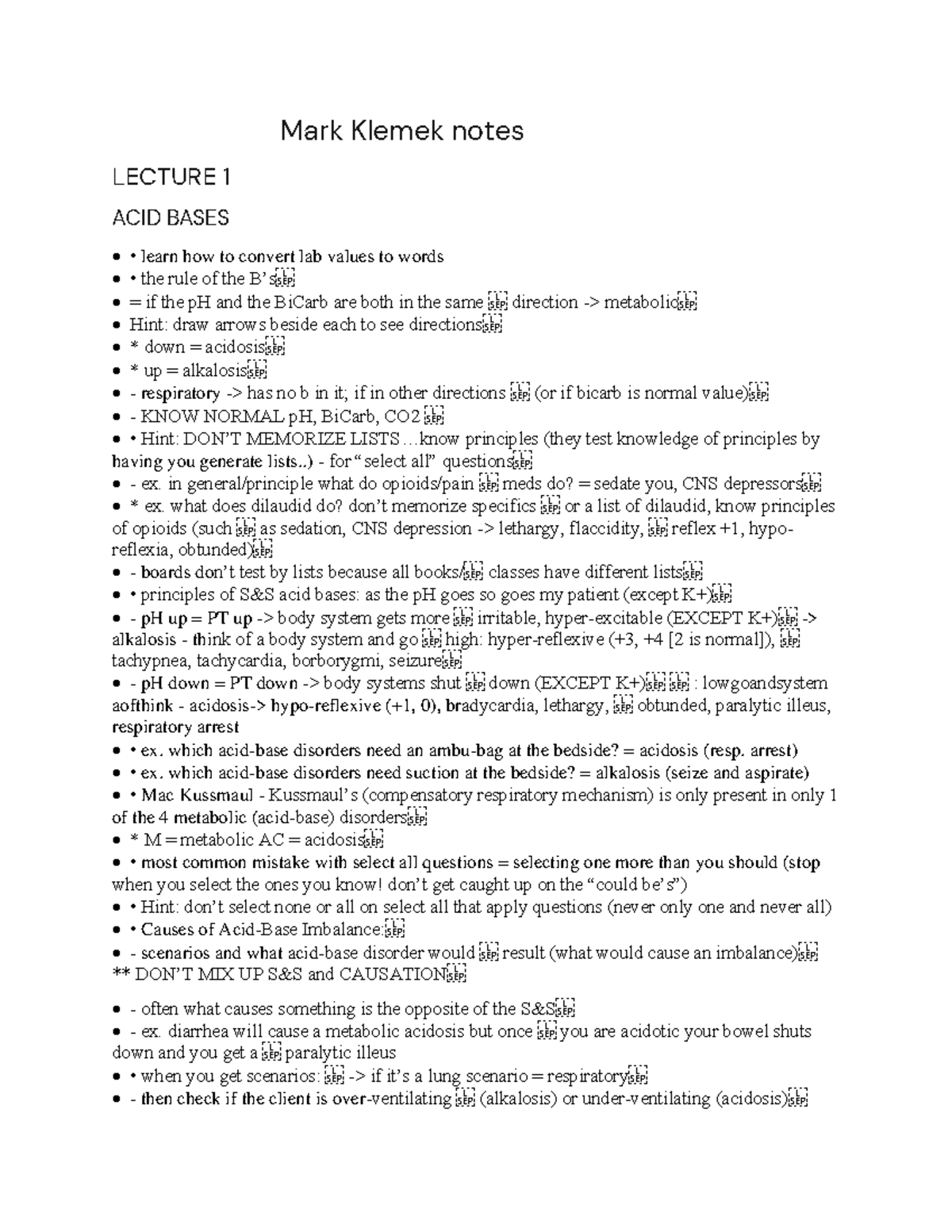 Mark Klemek notes - nursing note - Mark Klemek notes LECTURE 1 ACID ...