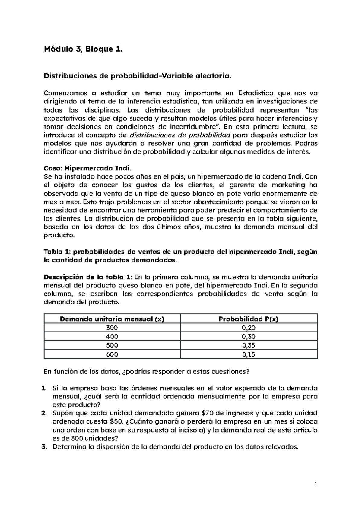 M3, B1 Estadisticas - Módulo 3, Bloque 1. Distribuciones de probabilidad-Variable aleatoria ...