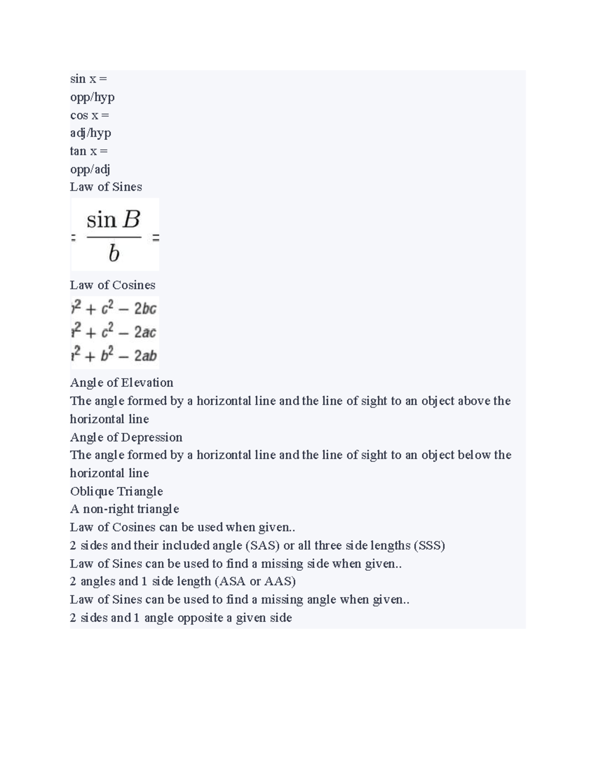 Geometry 3 - practice materials - sin x = opp/hyp cos x = adj/hyp tan x ...