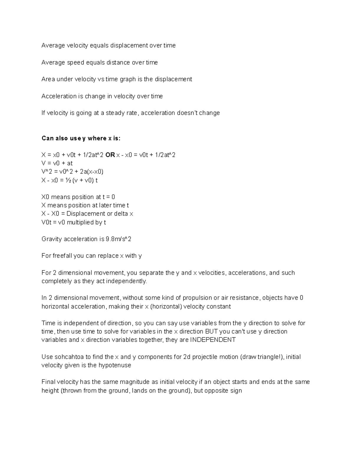 Physics Notes for Entire Semester - Average velocity equals ...